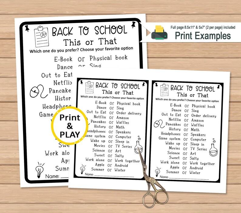 Back to School This or That Game for Tweens DIGITAL DOWNLOAD Ice ...