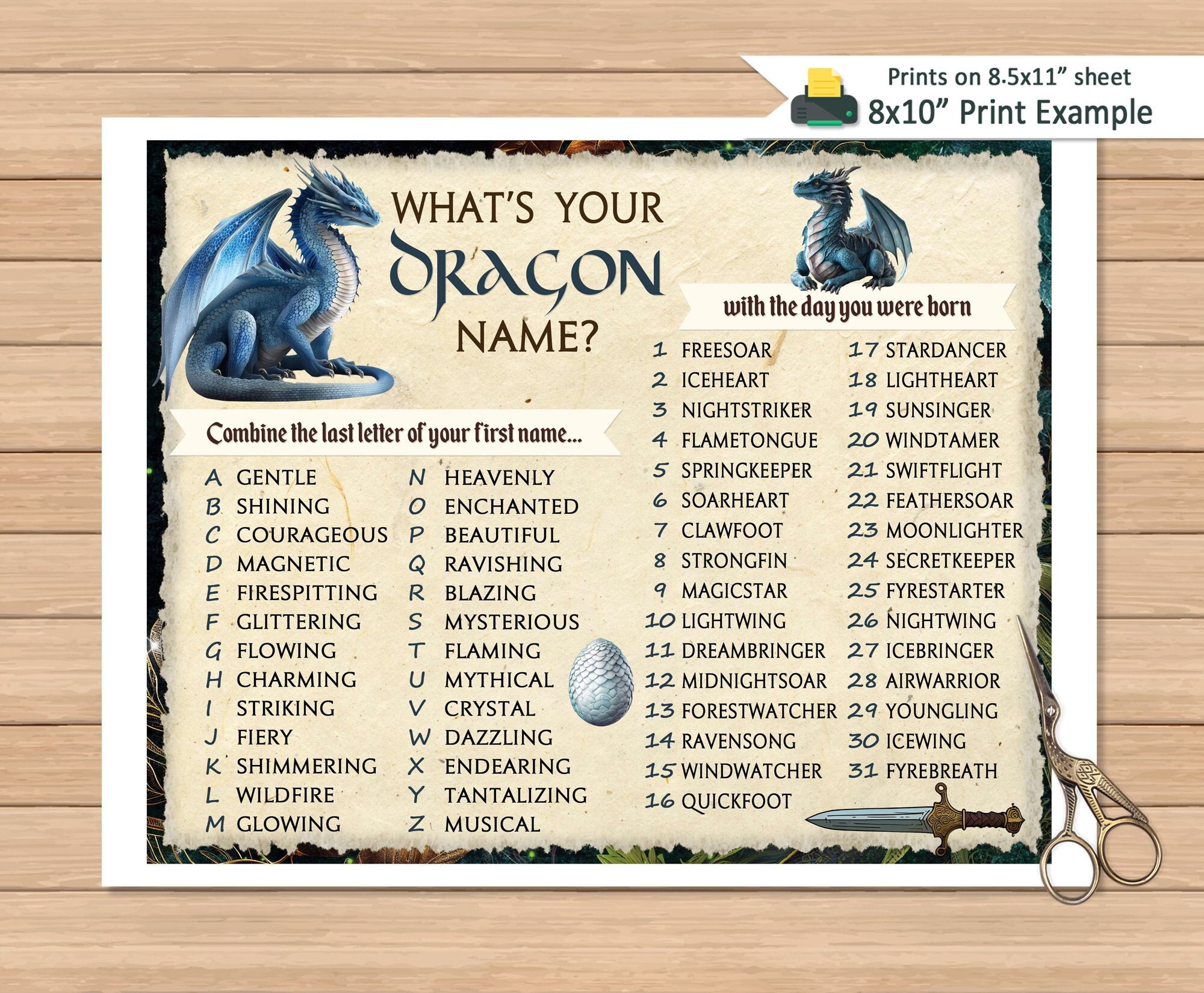 What's Your Dragon Name Printable Sign 8x10 and Name Tags Included ...