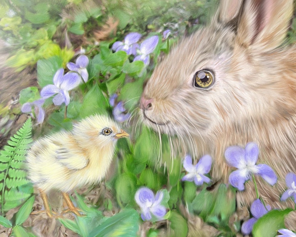 Rabbit Art Chick and Bunny Woodland Violets Fine Art Print Nursery ...
