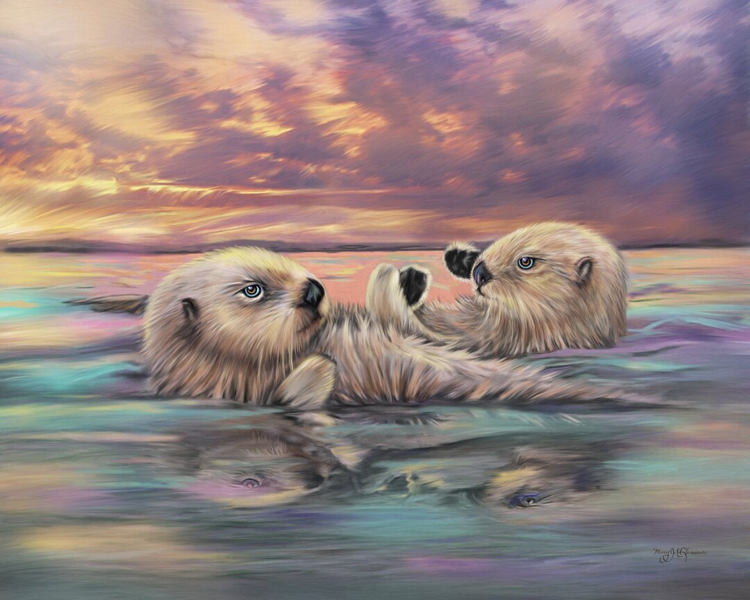 Sea Otter Painting Otter Artwork on Canvas Sea Otters Holding Hands ...