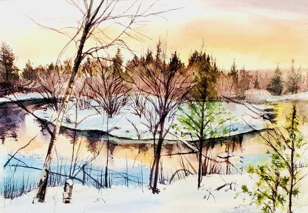 Sunset on Bear River Original Watercolor Painting, Bear River, Petoskey Michigan Landscape With ...