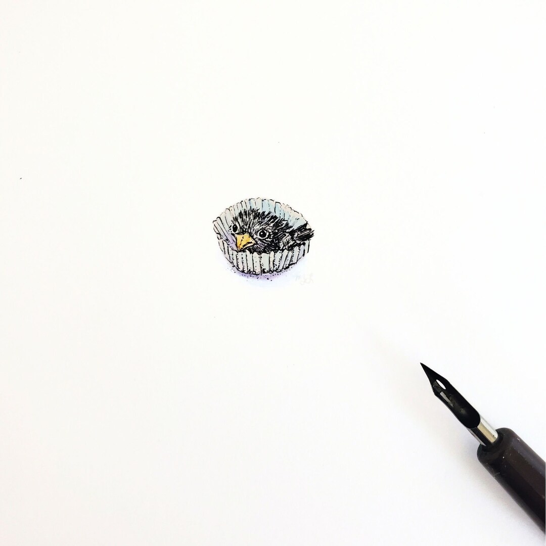 Tiny Crow Art - Crow in Cupcake Wrapper Mini Print - Pen and Ink and ...