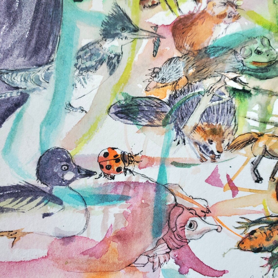Wildlife Original Modern Watercolor Painting, Colorful Animals, Fish ...
