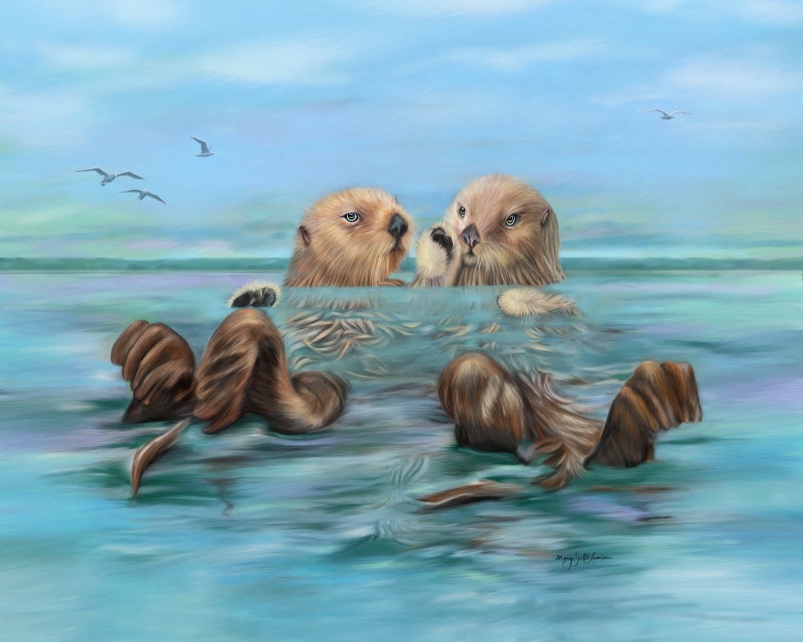 Sea Otter Art Painting Giclee on Canvas Sea Otters Holding - Etsy