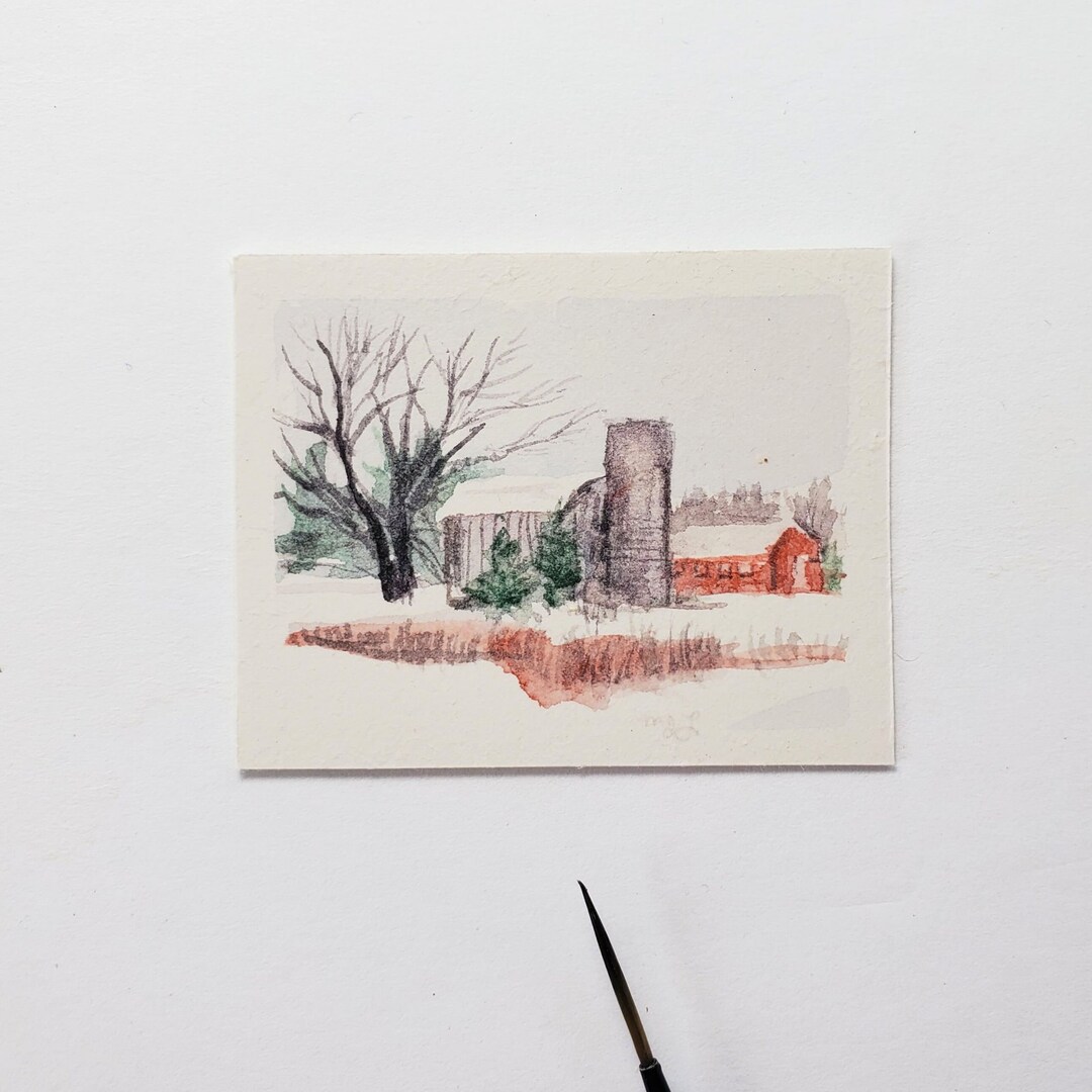 Michigan Barn Original Tiny Art, Winter Farm Scene With Silo Miniature ...
