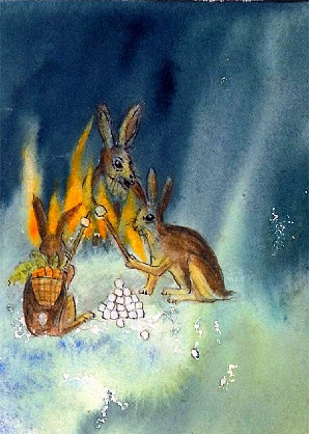 Jack Rabbits Roasting Marshmallows by the Campfire Watercolor Fine Art ...