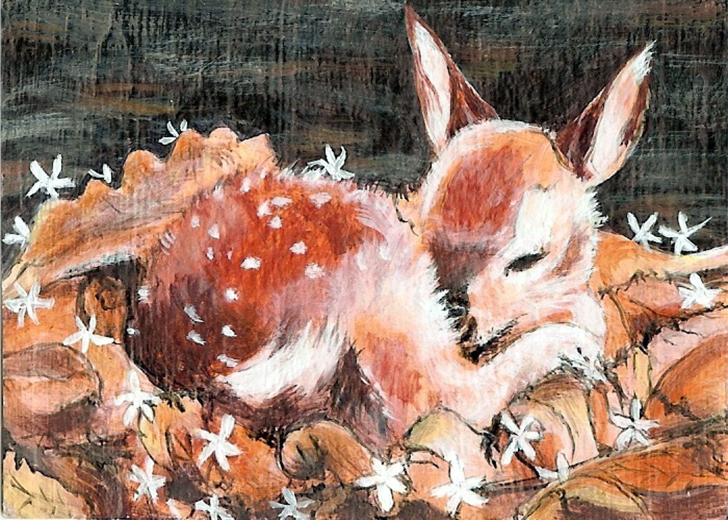 Fawn Art Print ACEO Acrylic Painting Sleeping Baby Deer | Etsy