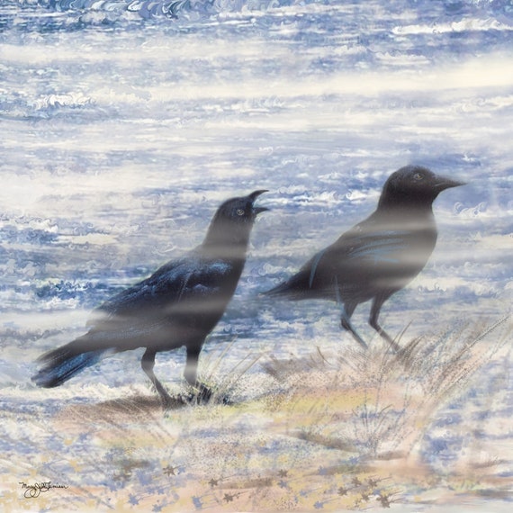 Crow Art: Painting of Two Crows by Foggy Lake Shore Hand - Etsy