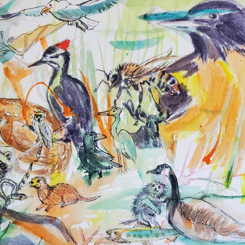 Wildlife Original Modern Watercolor Painting, Colorful Animals, Fish ...