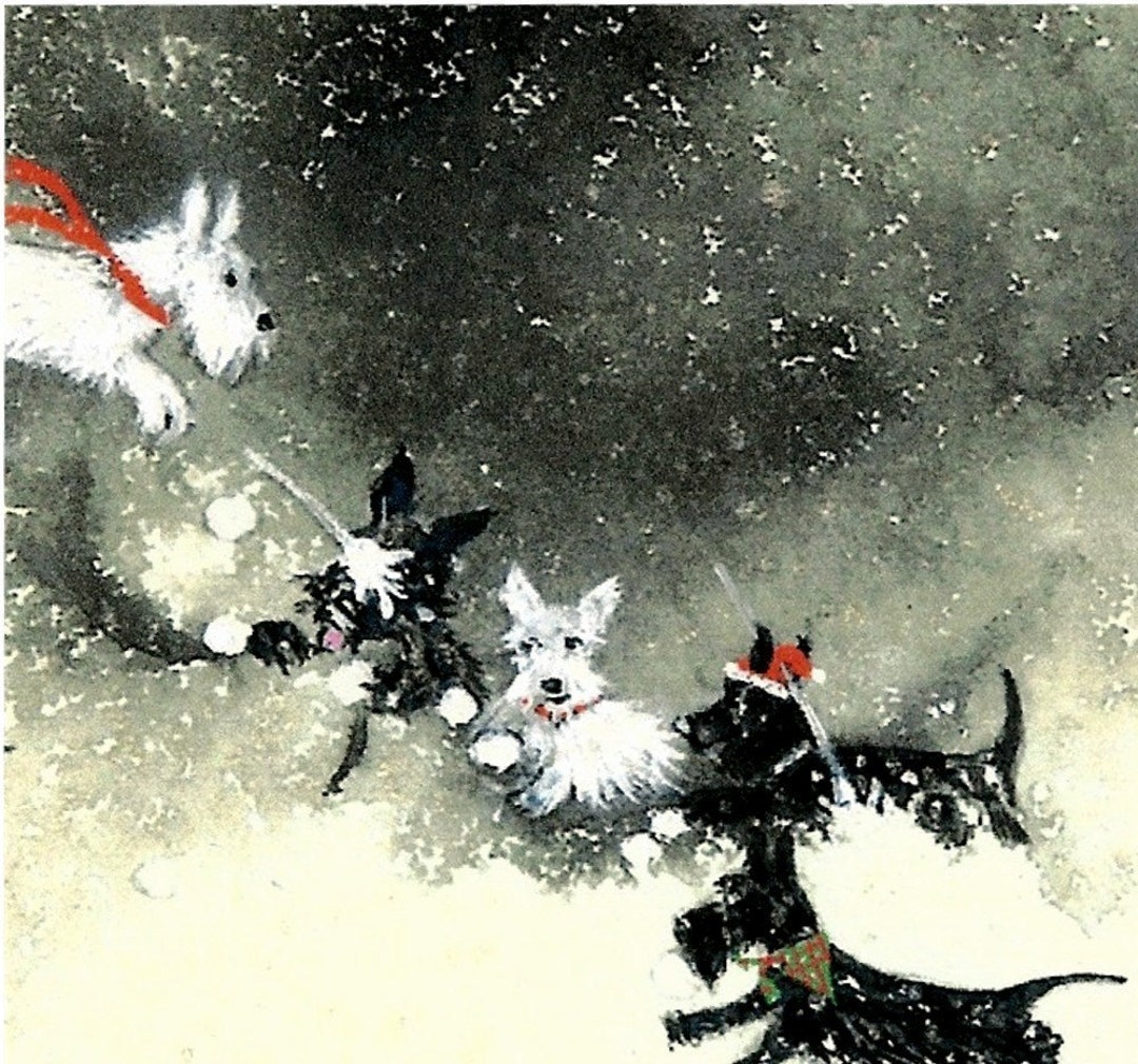 Scottish Terrier Snowball Fight Art Print: Scottie Dog Christmas ...