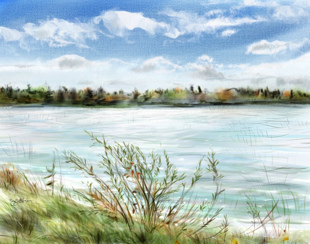 Crooked Lake, Michigan Artwork, Lake View From Oden Island Bridge Hand ...