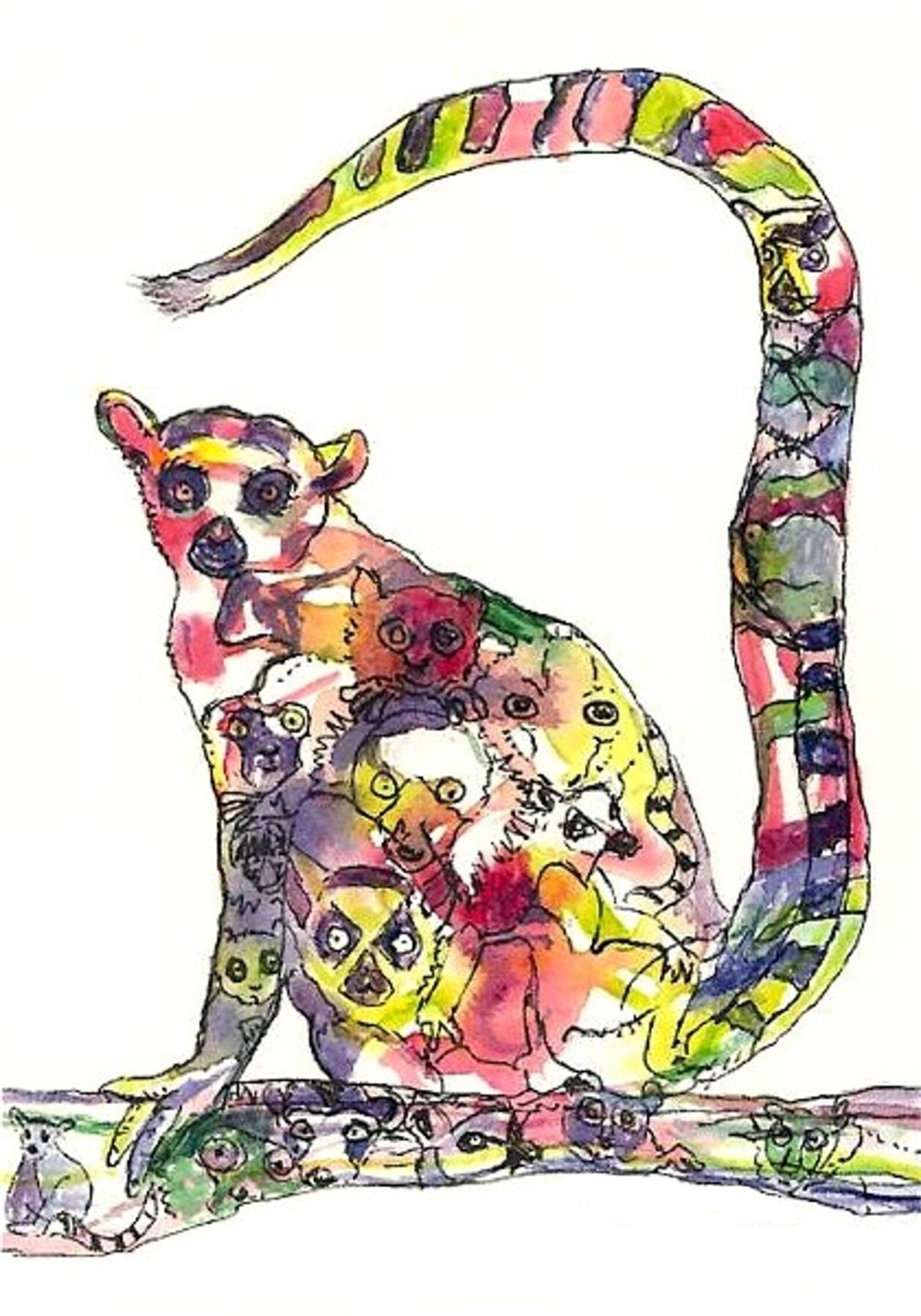 Lemur Print Watercolor Silhouette of Ring Tailed Lemur Filled up With ...