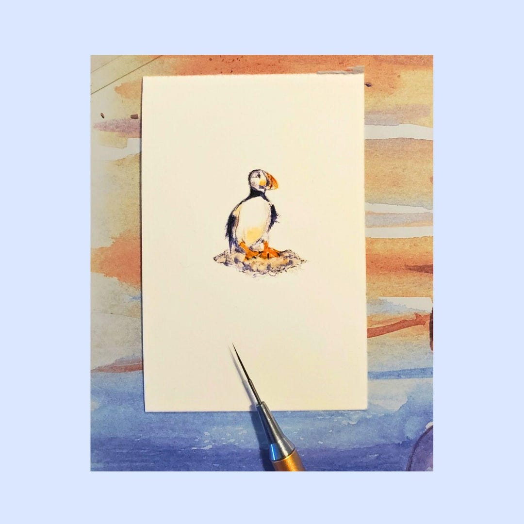 Tiny Art Puffin Painting, Miniature Original Watercolor Art ...