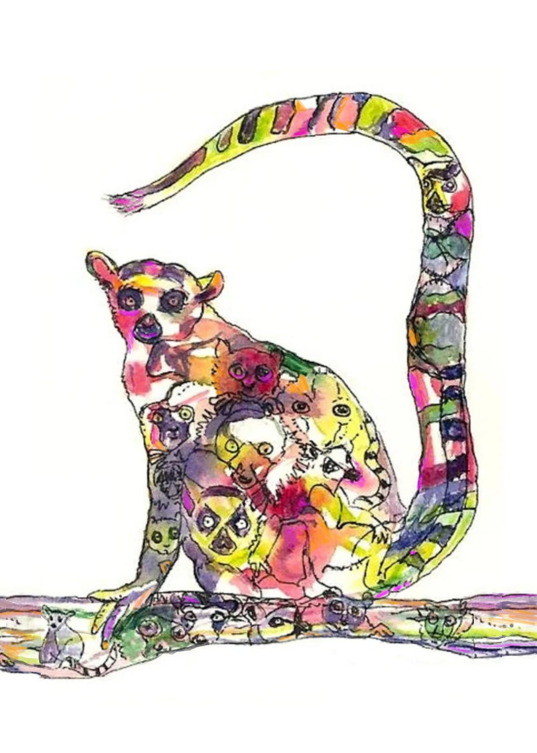 Lemur Print Watercolor Silhouette of Ring Tailed Lemur Filled up With ...