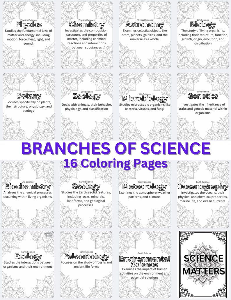 Science Fun | Branches of Science- 16 Coloring Pages for Kids ...