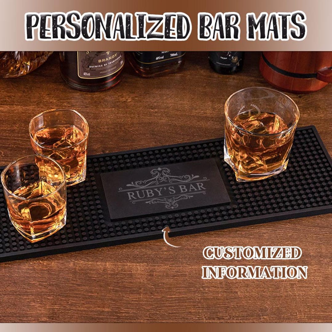 Personalized Name Minimalist Black Square Bar Mat, Custom Waterproof ...