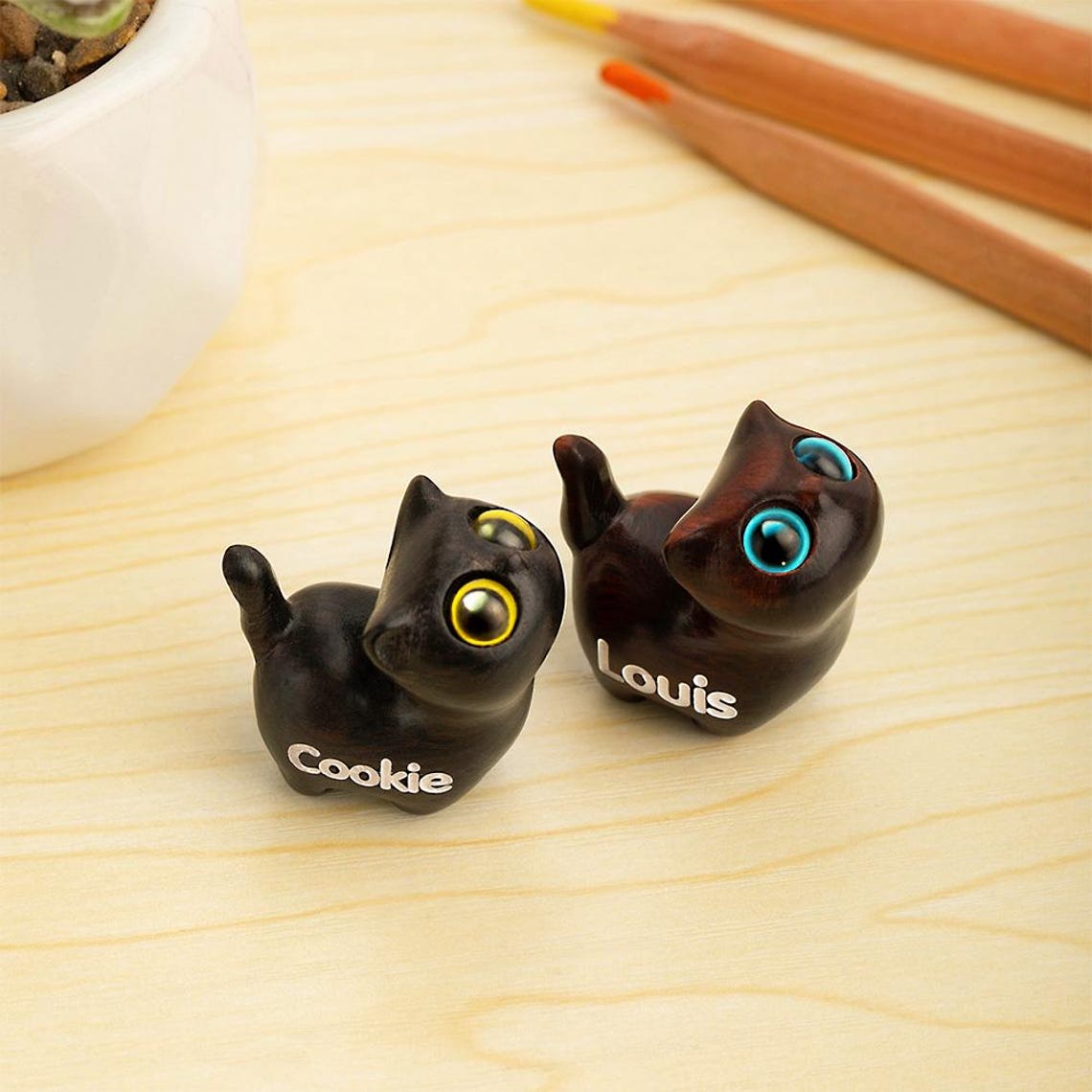 Custom Small Cute Cat Wooden Sculptures Handmade Craft Mini Collectible ...