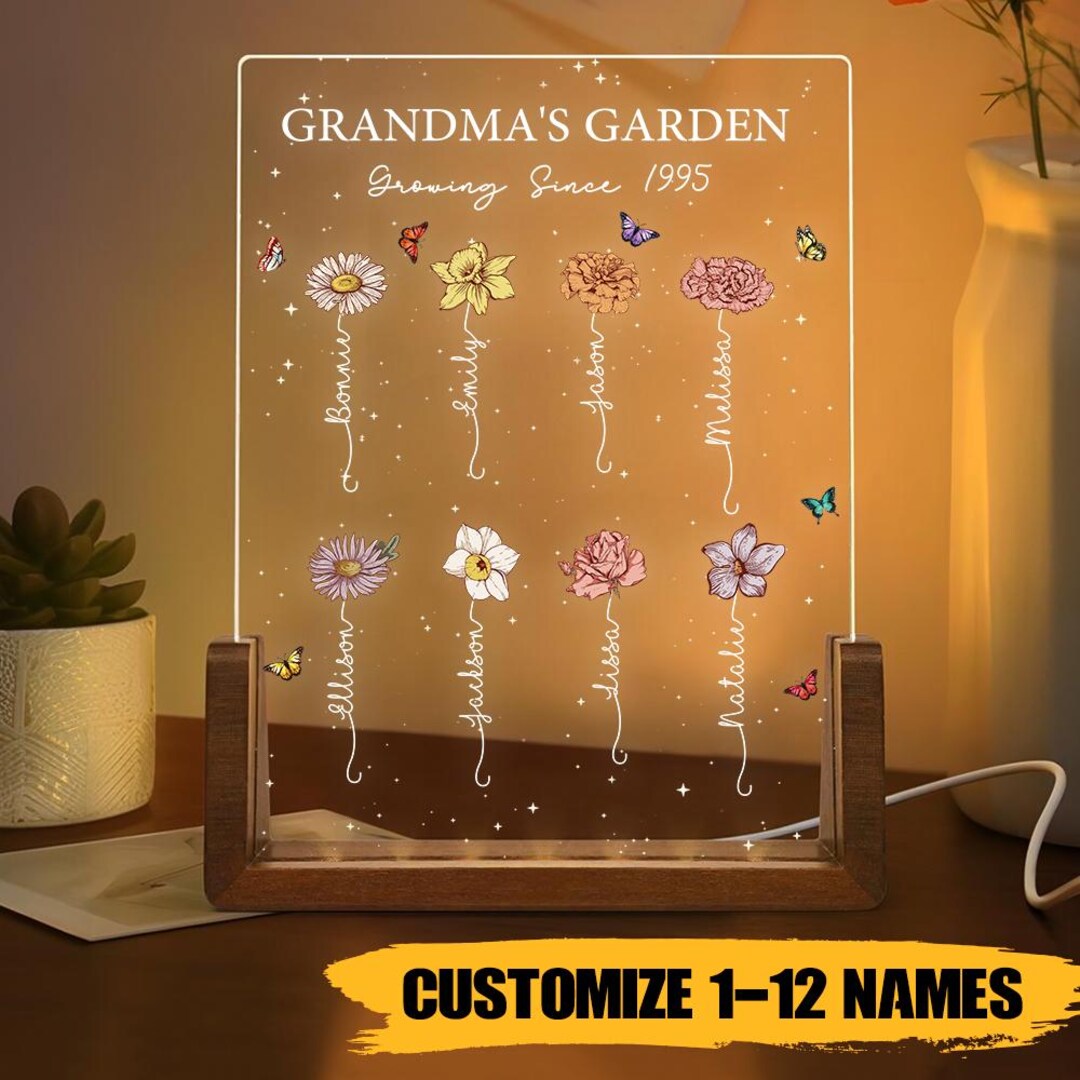 Custom Grandma Garden Birth Month Flower LED Light, Personalized Family ...