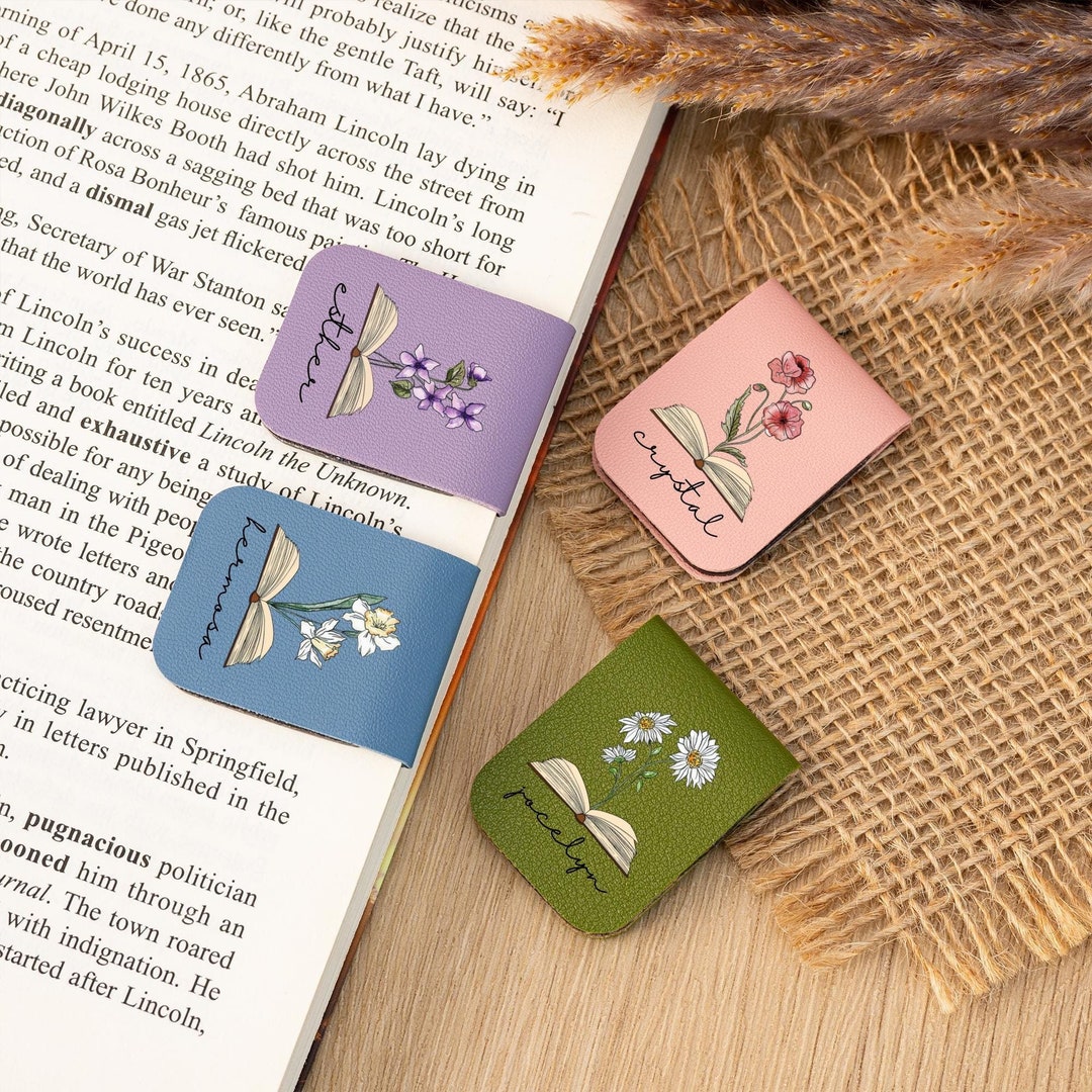 Personalized Magnetic Bookmark, Gift for Her, Birth Flower Leather ...