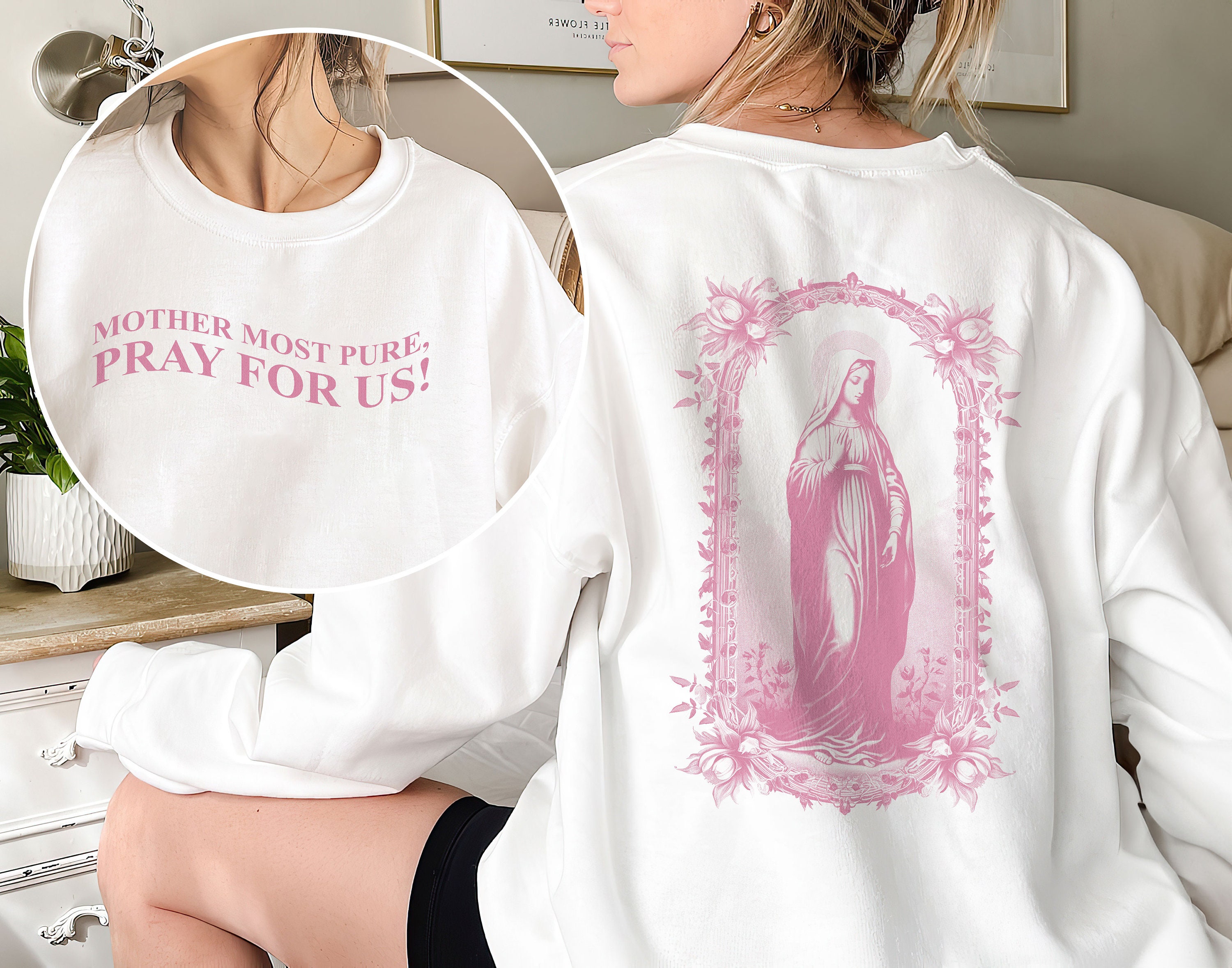 2 Sides Virgin Mary Shirt, Mother Mary Shirts, Pray for Us Our Lady of ...