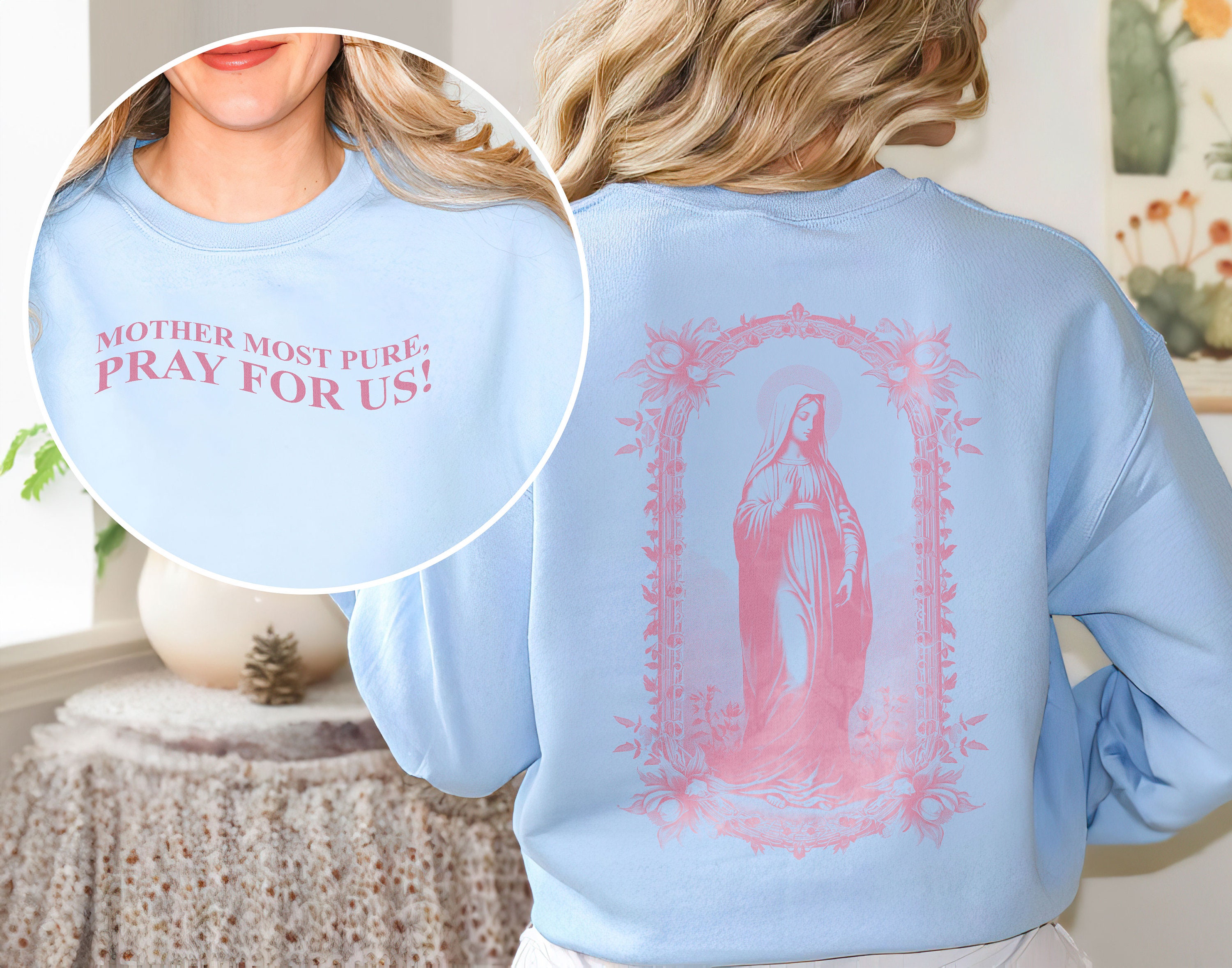 2 Sides Virgin Mary Shirt, Mother Mary Shirts, Pray for Us Our Lady of ...