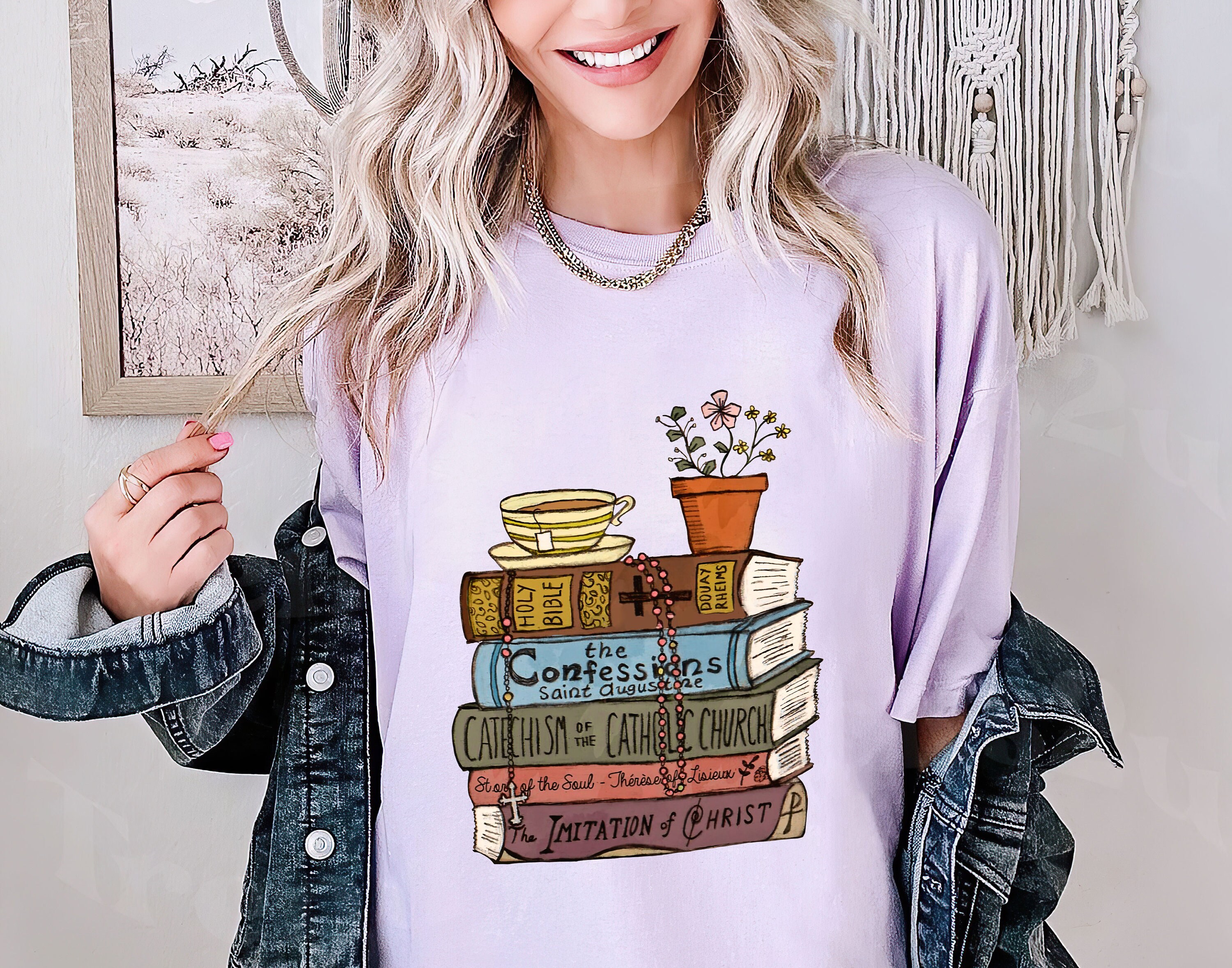 Catholic Book Stack Shirt, Bible Verse Shirt, Godmother Gift, Catholic ...