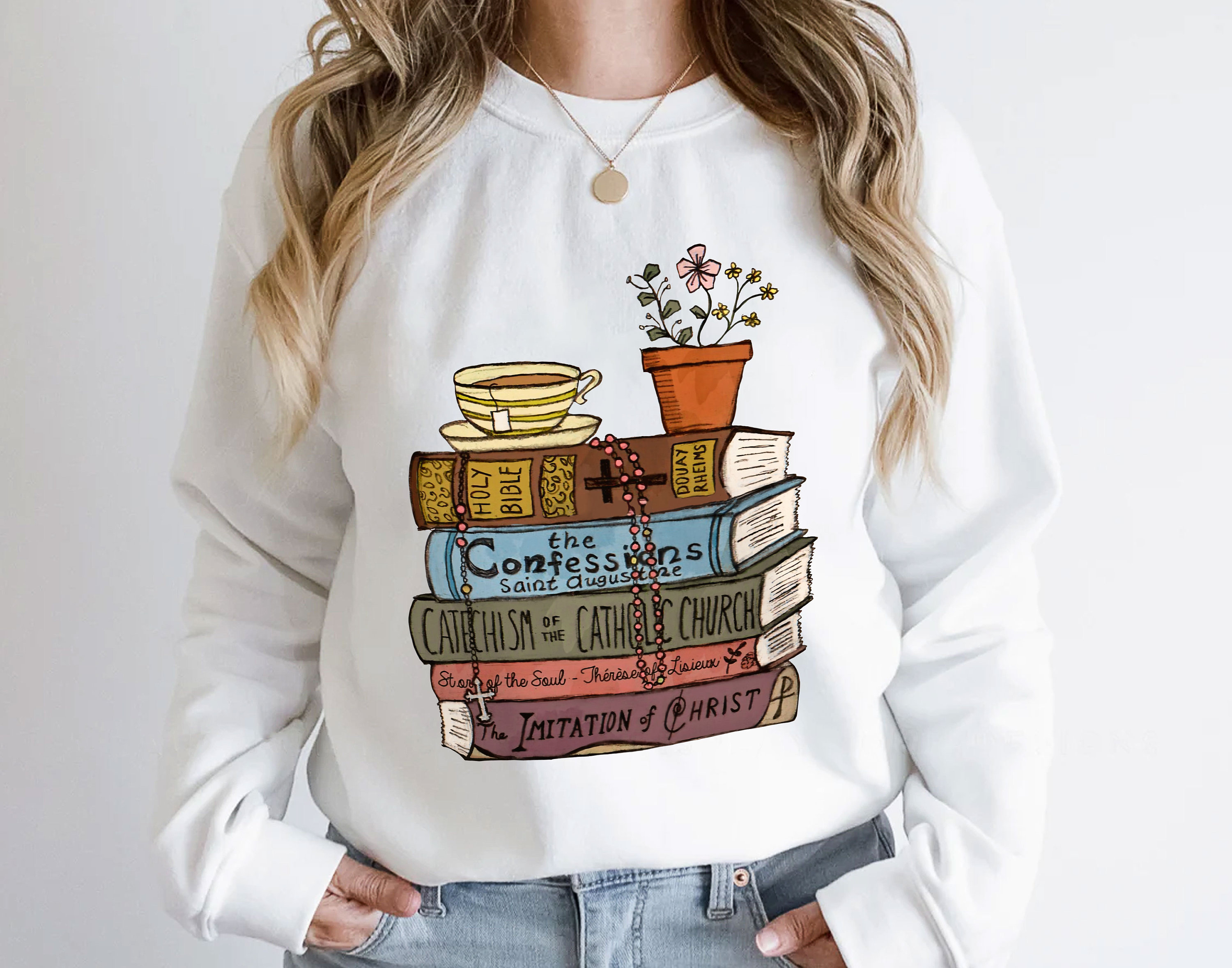 Catholic Book Stack Shirt, Bible Verse Shirt, Godmother Gift, Catholic ...