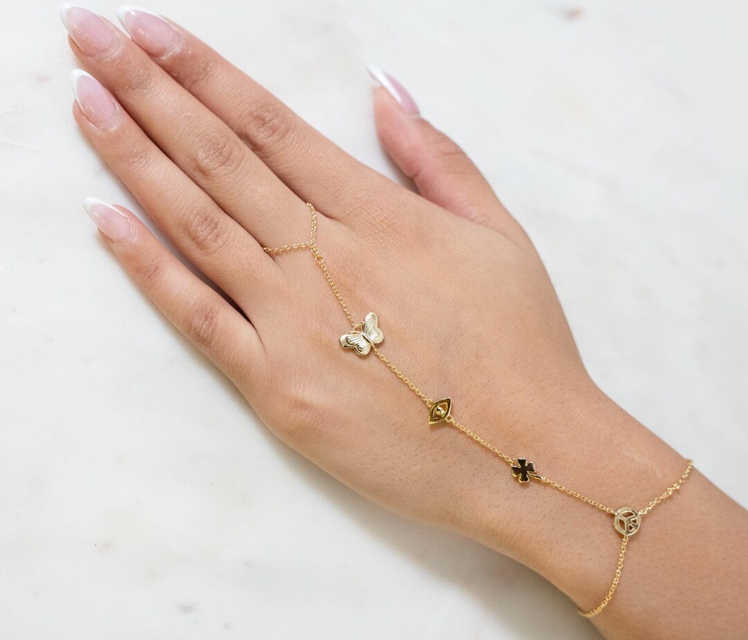 Gold Hand Chain Bracelet, Charm Hand Chain, Gold Bracelet, Ring Chain ...