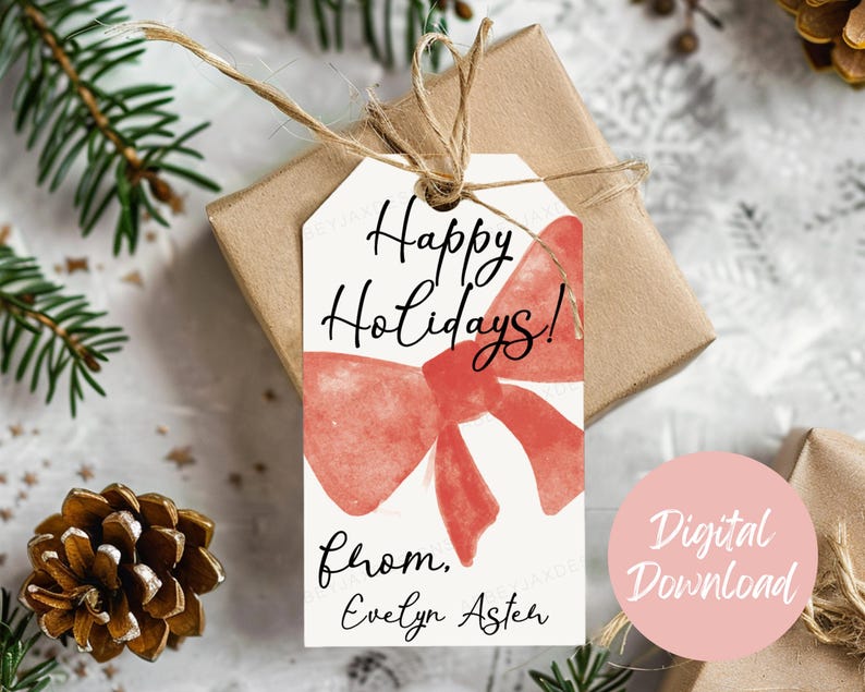 Editable Christmas Favor Tags, Red Bow Christmas Tags, Merry Christmas ...