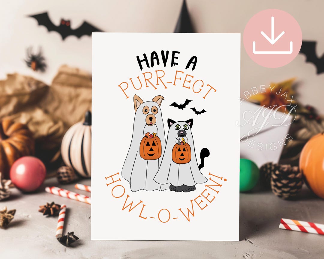 Happy Howl-o-ween Card Printable, Dog Halloween Card, Cute Cat Ghost ...