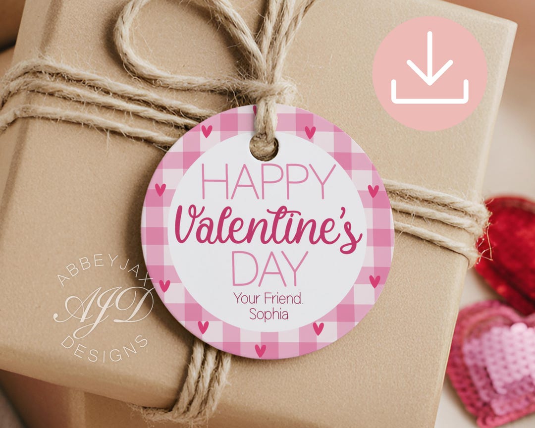 Round Valentine Gift Tags, Happy Valenine's Day Cookie Tag, Editable ...