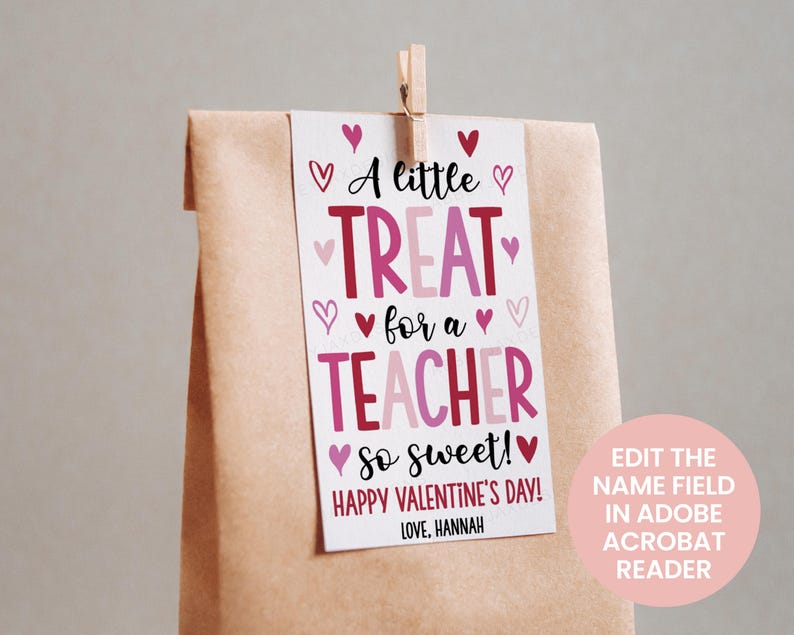 Valentine's Day Teacher Gift Tag, A Little Treat Tag, Teacher ...