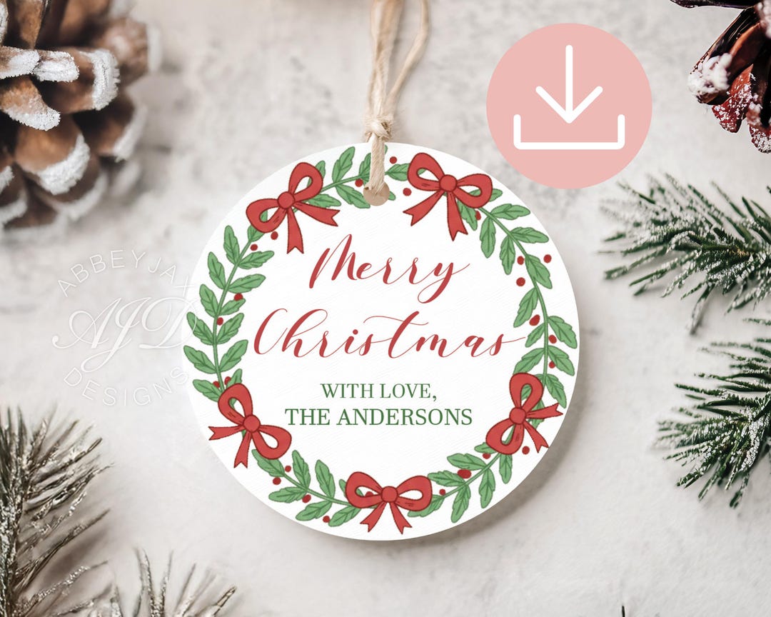 Christmas Round Gift Tags Printable, Wreath Tag Download, Red Bow ...