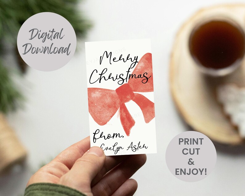 Editable Christmas Favor Tags, Red Bow Christmas Tags, Merry Christmas ...