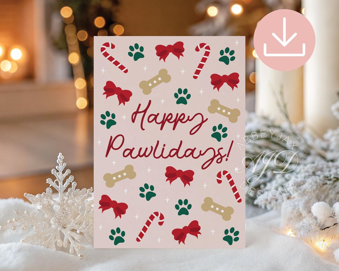 Happy Pawlidays Card, Paw Print Christmas Card, Dog Holiday Card ...