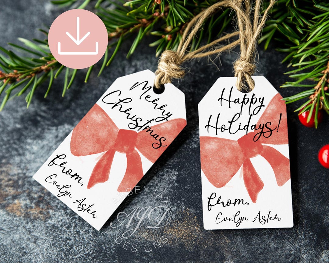 Editable Christmas Favor Tags, Red Bow Christmas Tags, Merry Christmas ...