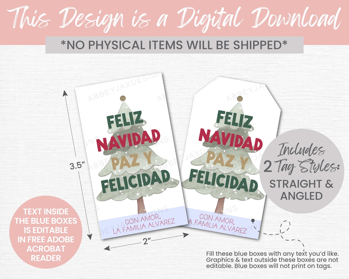 Feliz Navidad Printable Tag, Spanish Christmas Tags, Editable Holiday ...