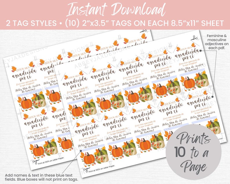 Editable Spanish Thanksgiving Favor Tag, Printable Spanish Thankful ...