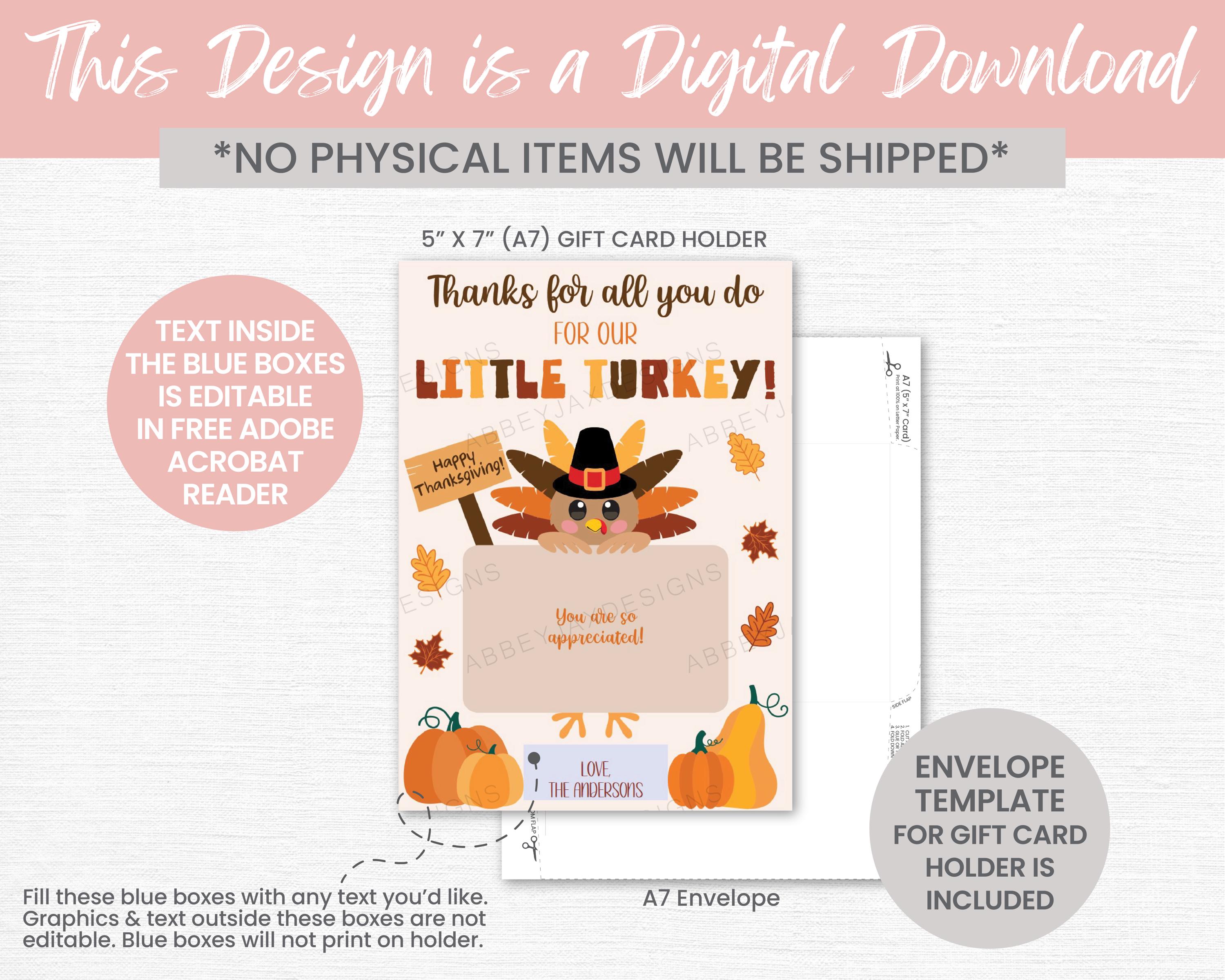 Thanksgiving Gift Card Holder Instant Download, Printable Little Turkey ...