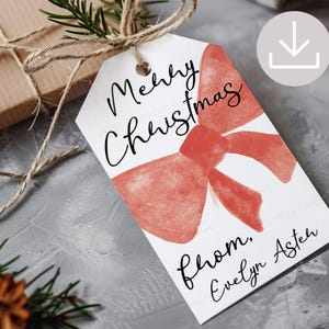 Editable Christmas Favor Tags, Red Bow Christmas Tags, Merry Christmas ...