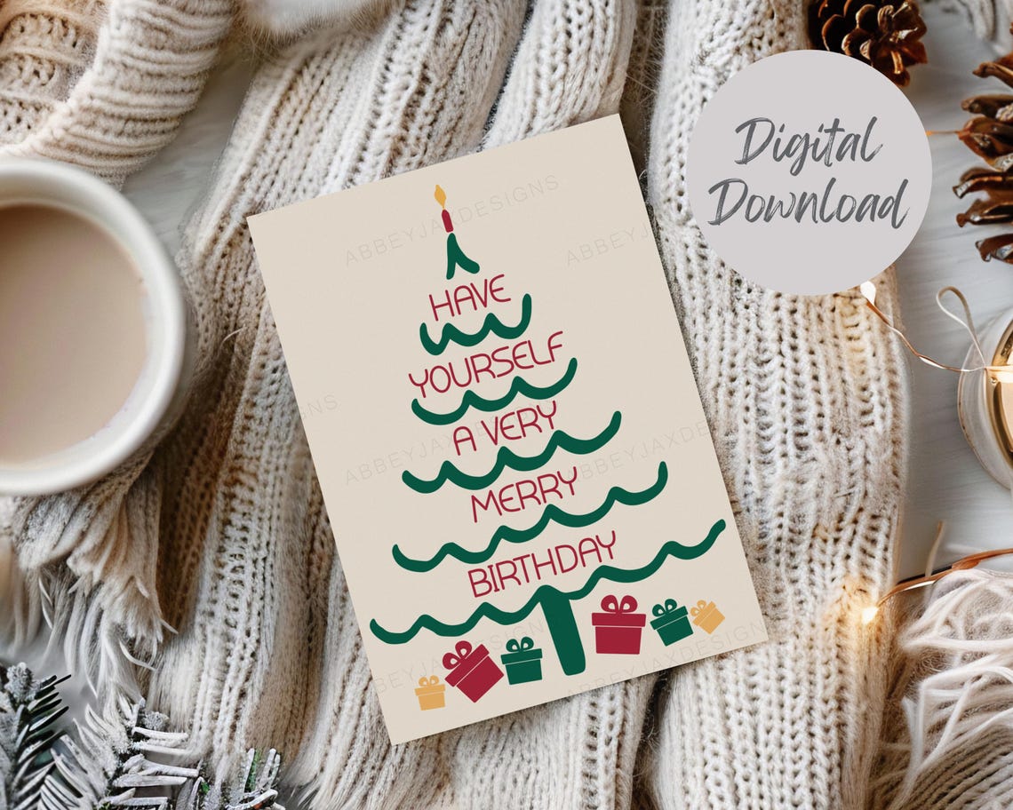 Very Merry Birthday Card, Born in December Birthday Card, Printable ...