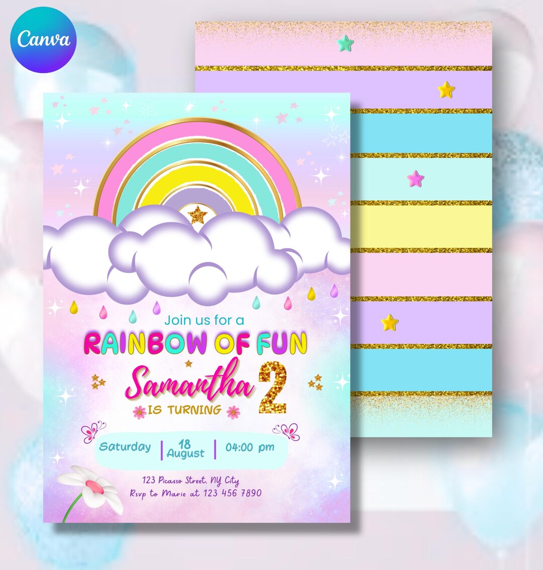 Rainbow Birthday Invitation Template | Editable Canva Invite | Digital ...