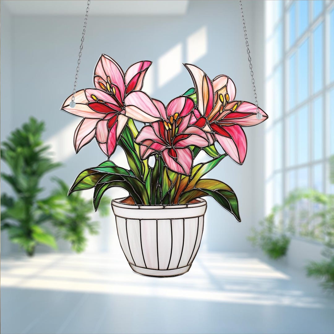 Pink Lily Flower Pot Acrylic Window Hanging, Handcrafted Floral Decor ...
