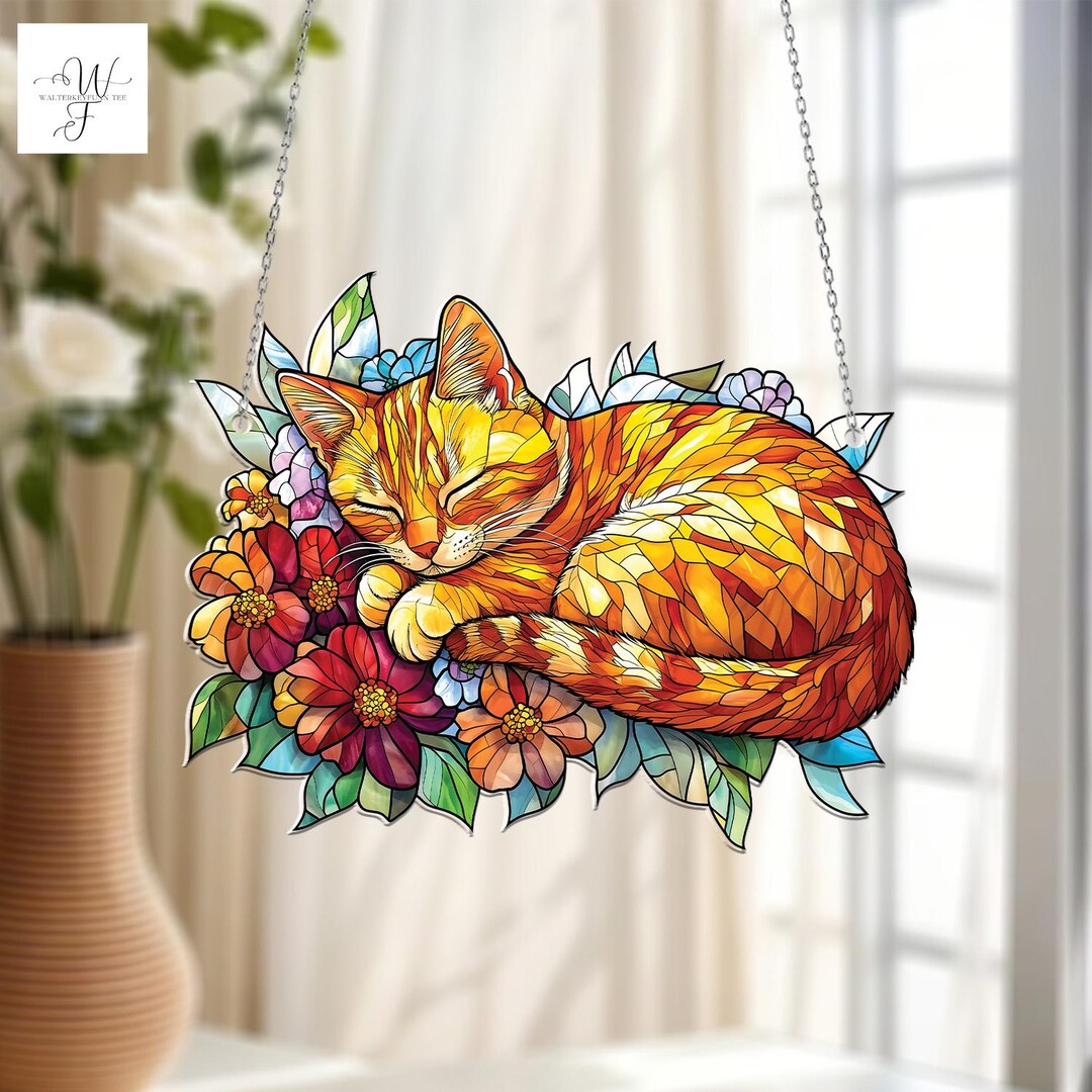 Adorable Sleeping Cat Acrylic Window Hanging With Colorful Floral ...