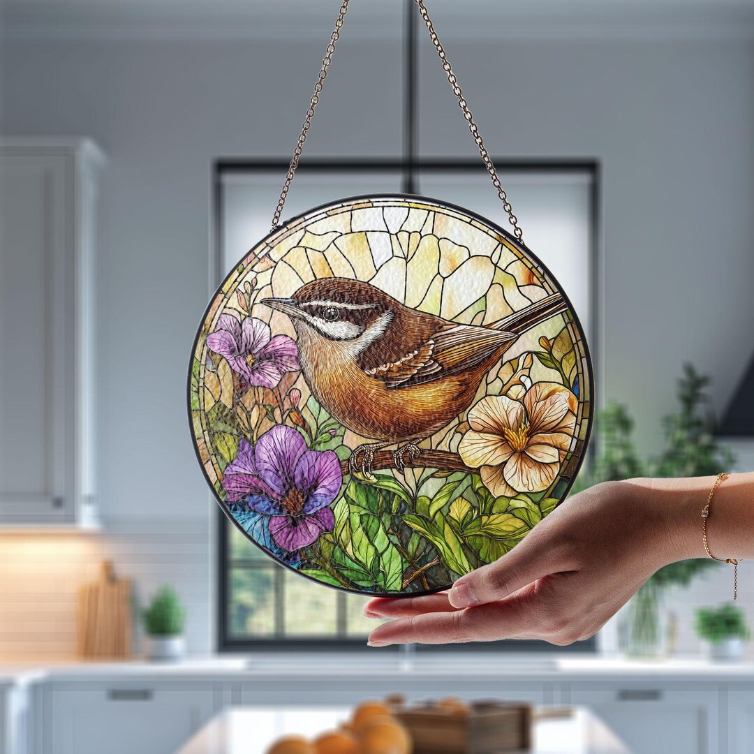 Bird Stained Glass Window Hanging, Colorful Floral Suncatcher, Round ...