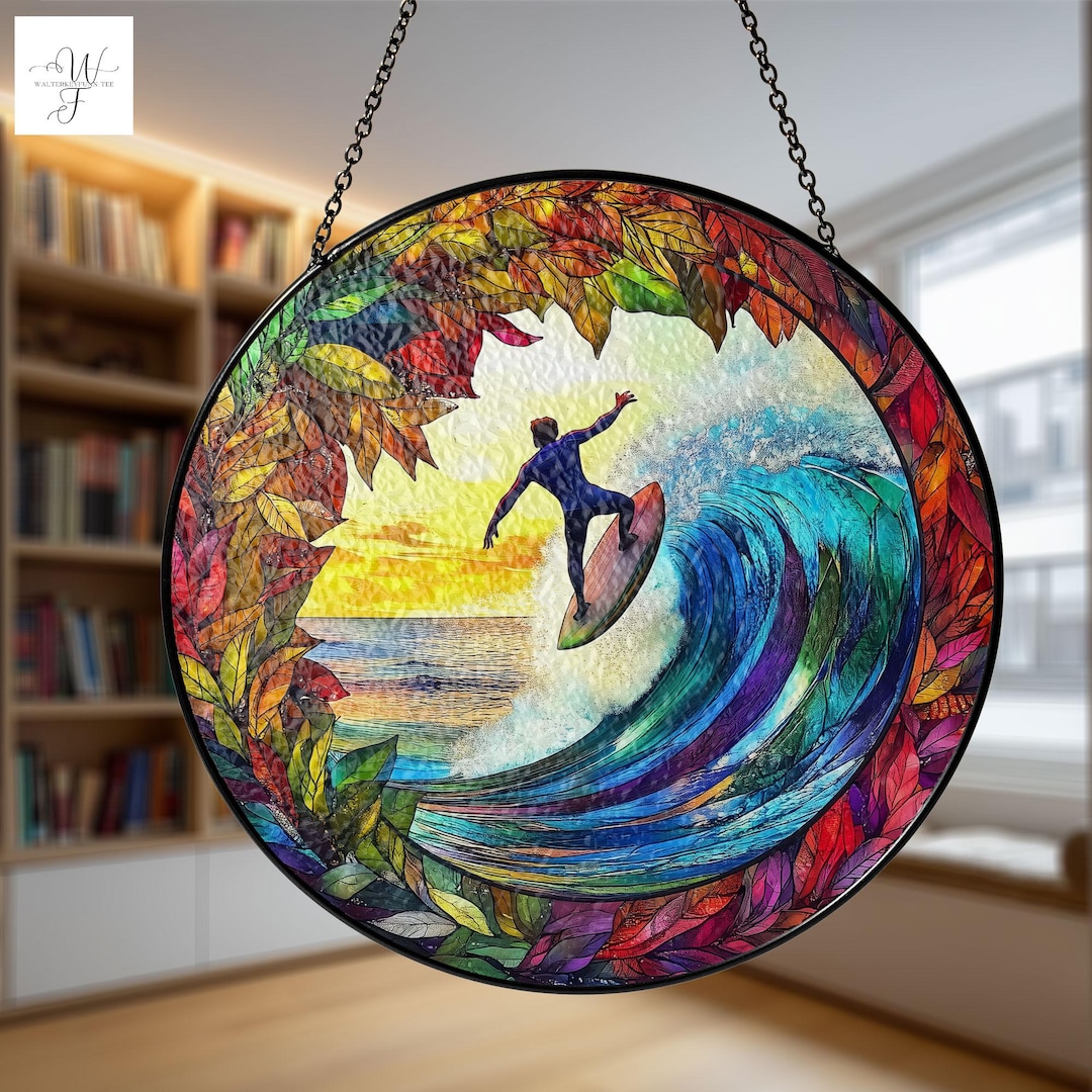 Surfer Stained Glass Window Hanging, Vibrant Wave and Fall Leaves ...