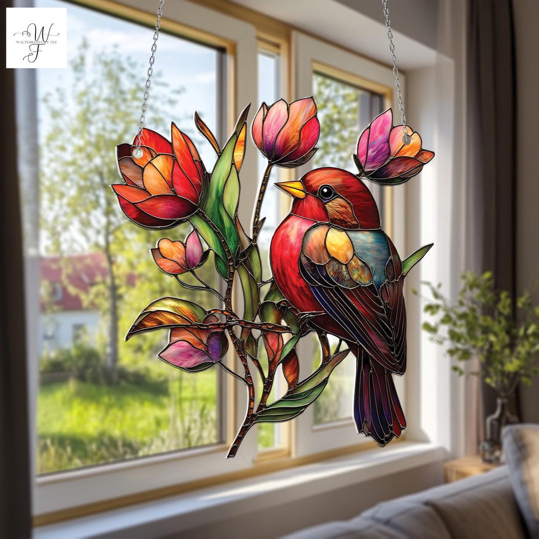 Colorful Acrylic Window Hanging With Vibrant Bird and Flowers, Elegant ...