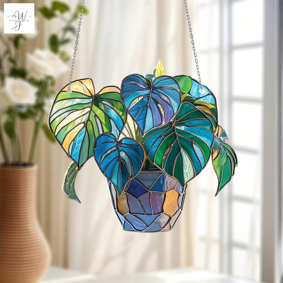 Colorful Monstera Leaves Acrylic Window Hanging, , Indoor Plant Decor ...