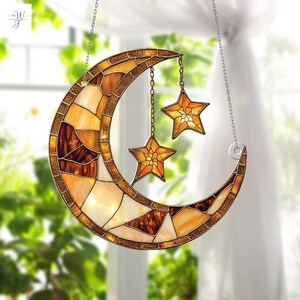 Crescent Moon and Stars Acrylic Window Hanging, Nature-inspired Home ...