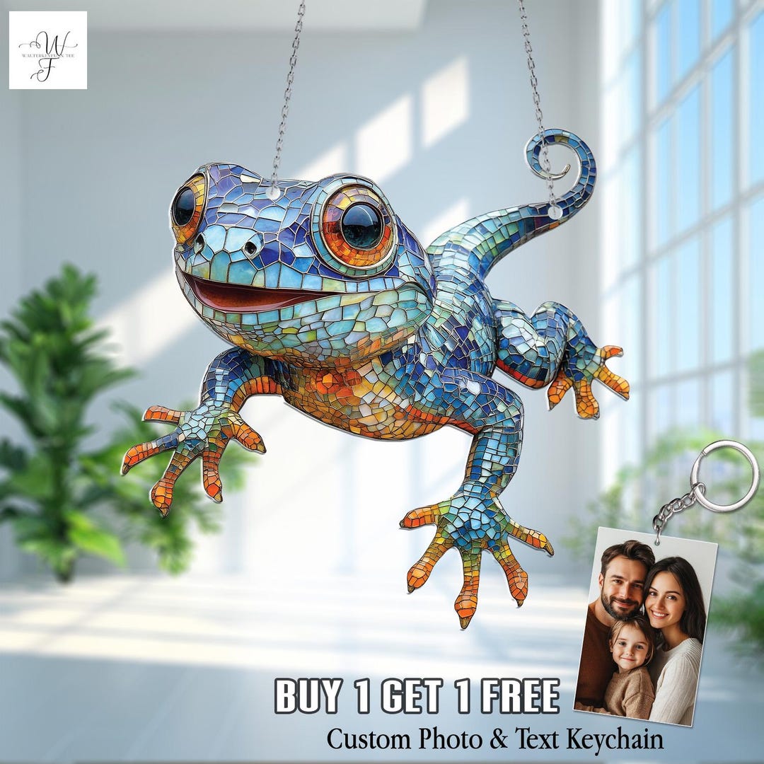 Colorful Gecko Acrylic Window Hanging, Vibrant Lizard Design With Blue ...